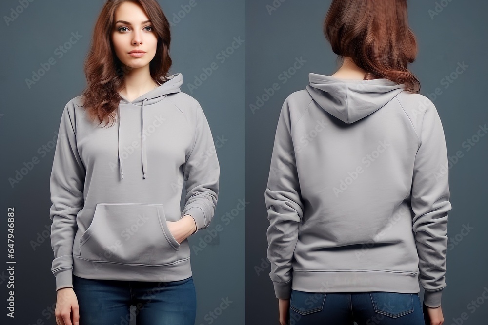 Young woman wearing long sleeve hoodie sweatshirt Side view, back and ...
