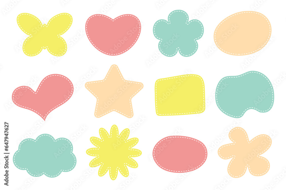 Cute pastel patches set. Different shapes with dotted line. Art form ...