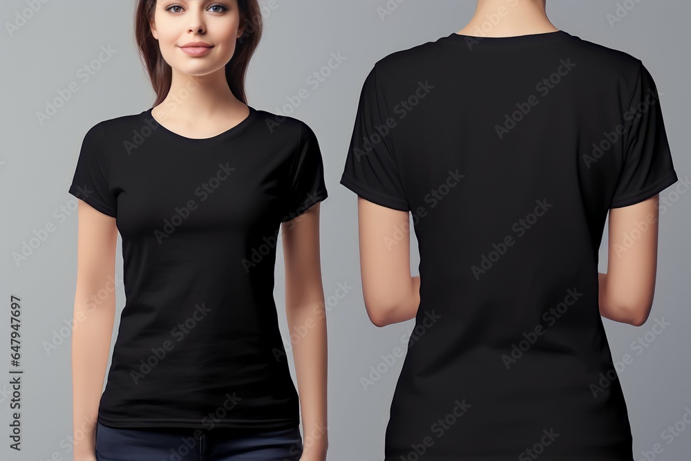 Young woman wearing black casual t-shirt. Side view, back and front ...