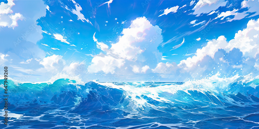 Anime ocean waves background blue tropical sea backdrop, generated ai ...