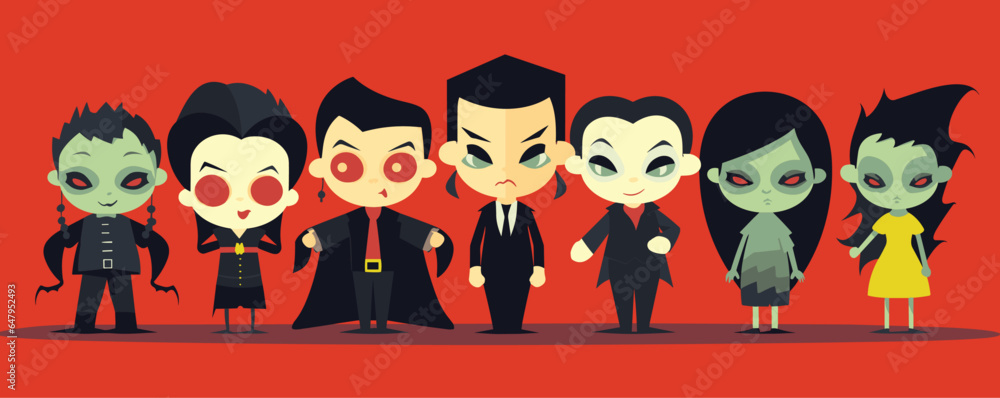 Vecteur Stock Cute and creepy vampires, monsters set vector banner ...