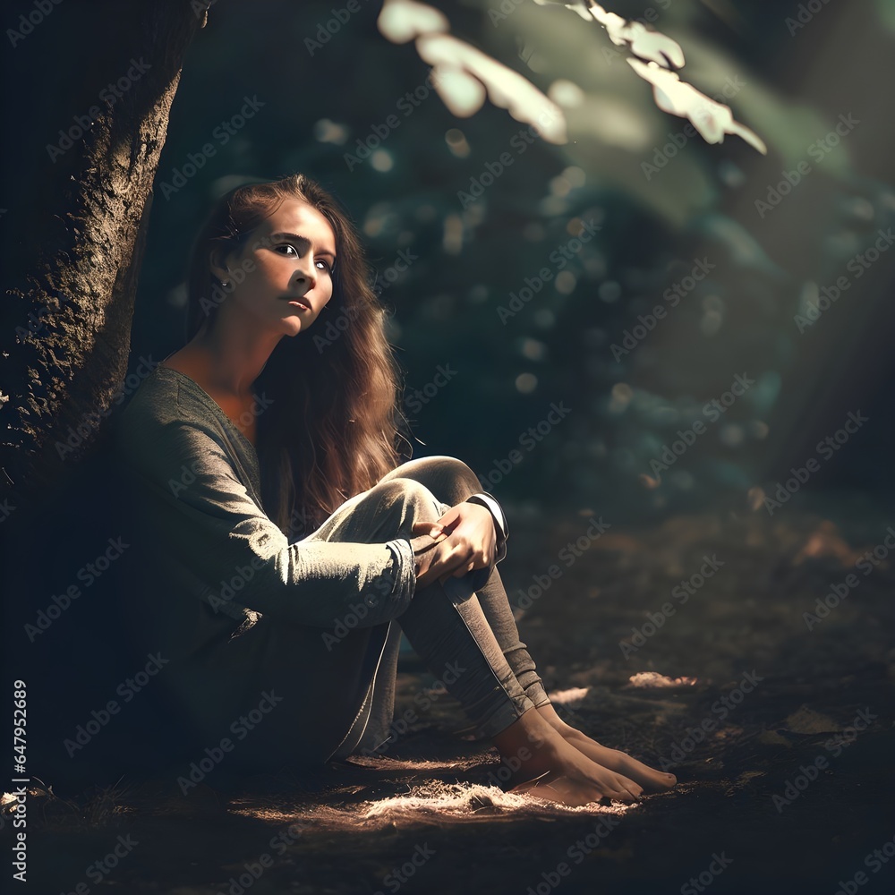 This evocative image captures a young woman deep in contemplation ...