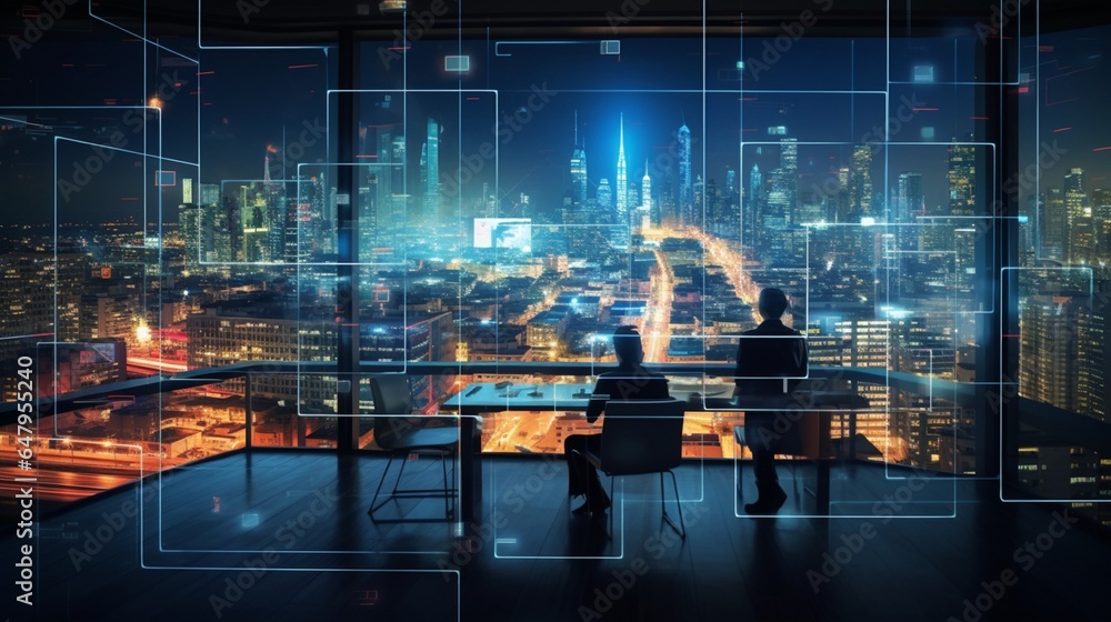 a breathtaking view of a corporate headquarters at night, where windows ...