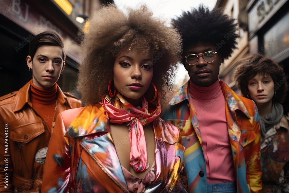 Group of friends with big hair and vibrant attire, striking a pose in ...