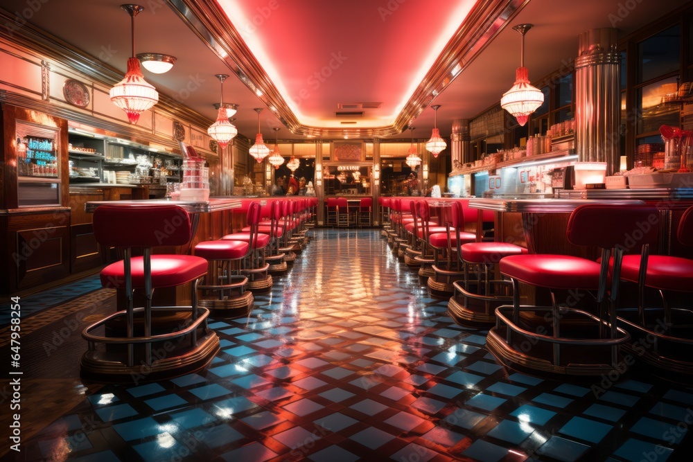 Retro diner with checkerboard floors and neon signage, Generative AI ...