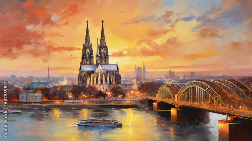 oil painting on canvas, Cologne Cathedral and Hohenzollern Bridge at ...