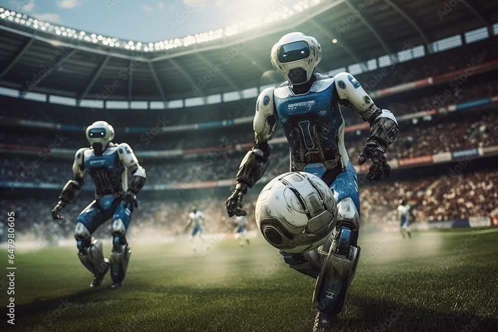 futuristic illustration of robots playing soccer from the future in a ...