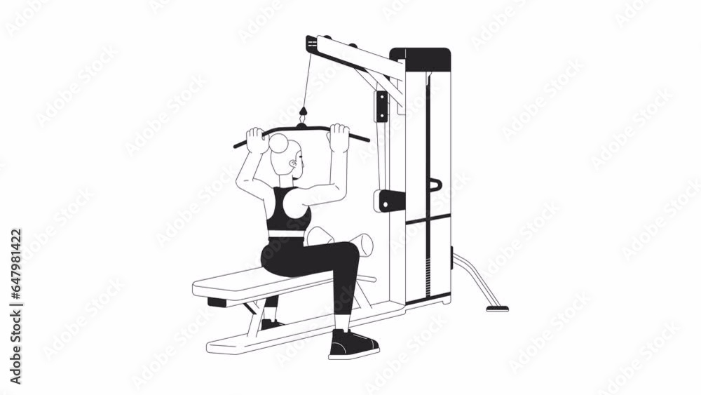 Woman pulling bar down on lat pulldown machine bw outline cartoon ...