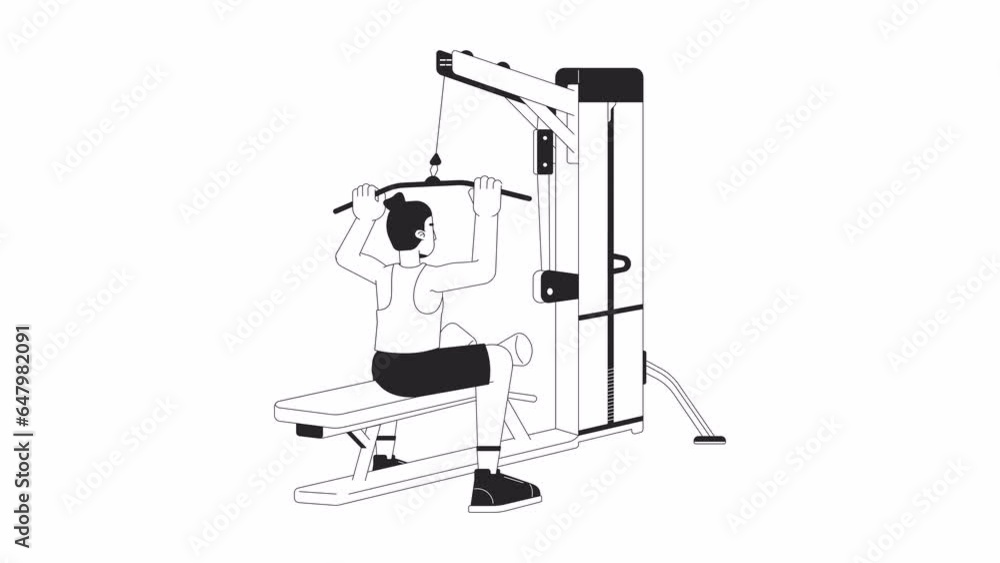 Man dragging bar down on lat pulldown machine bw outline cartoon ...