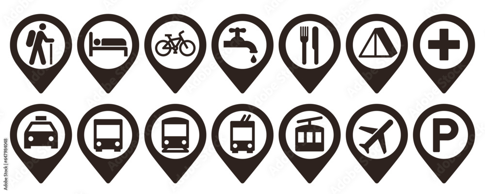 Map pin set. Location point pin set. GPS tap location symbols for apps ...
