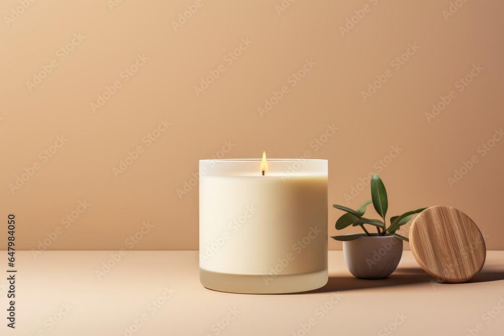 mockup vela blanca minimalista fondo color tierra, packaging de lujo ...