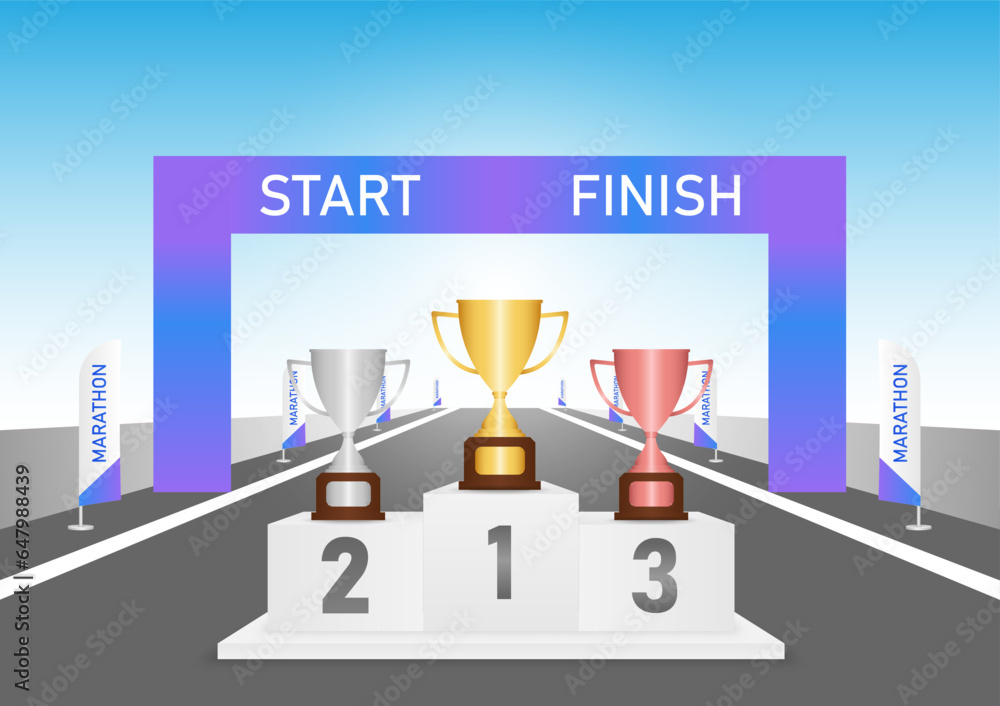 Trophy Cups on Sport Winner Podium in Marathon Event. Pedestal Sport ...