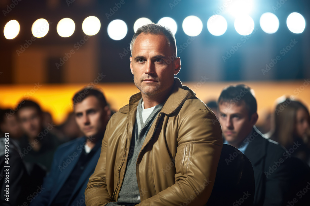 Man sitting in front of crowd of people. This image can be used to ...