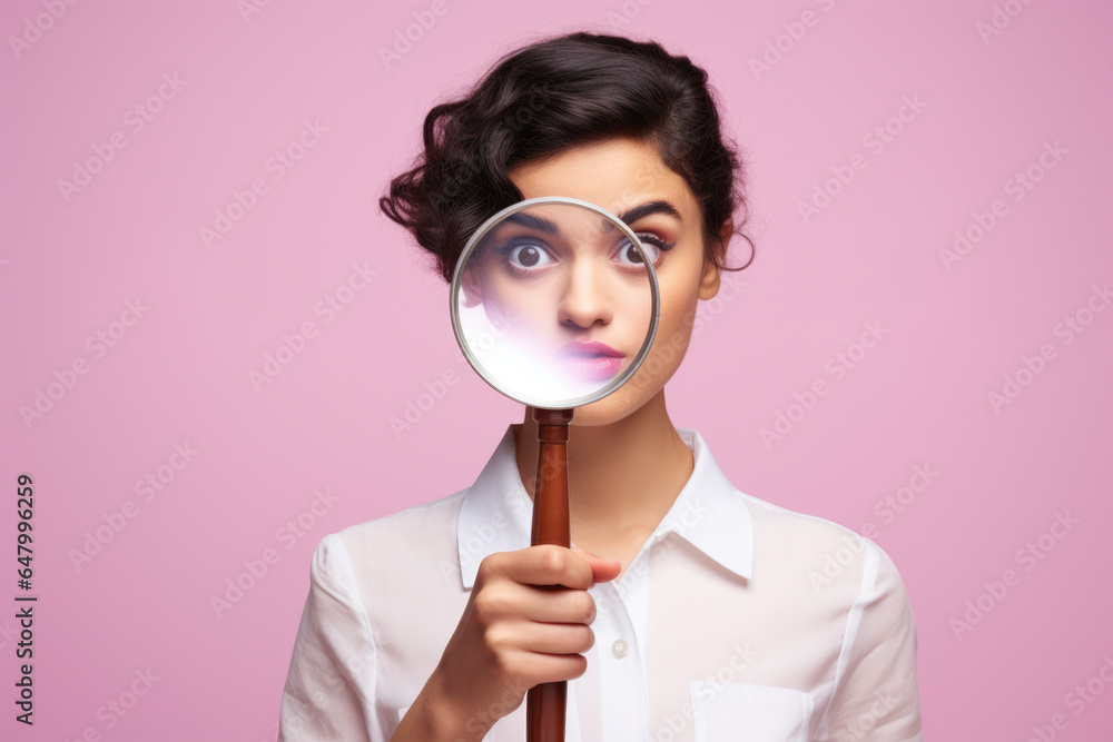 Woman examining something closely using magnifying glass. This image ...