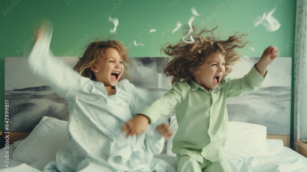Two children jumping on a bed with sheets flying around them Stock ...