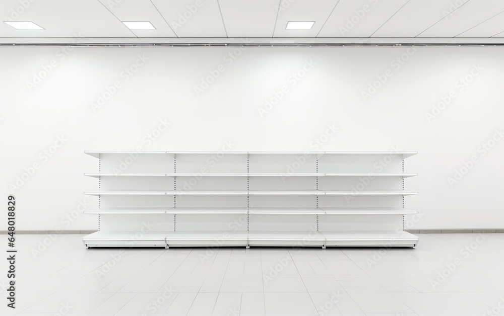Empty white supermarket shelves. Store showcase displays. Realistic ...
