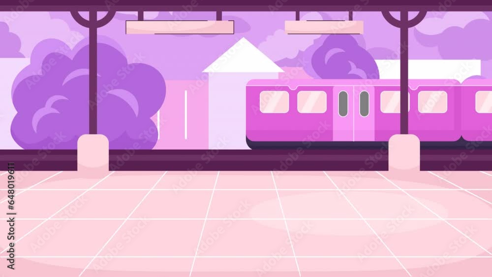 Train passing by platform station cartoon animation. Public transport ...