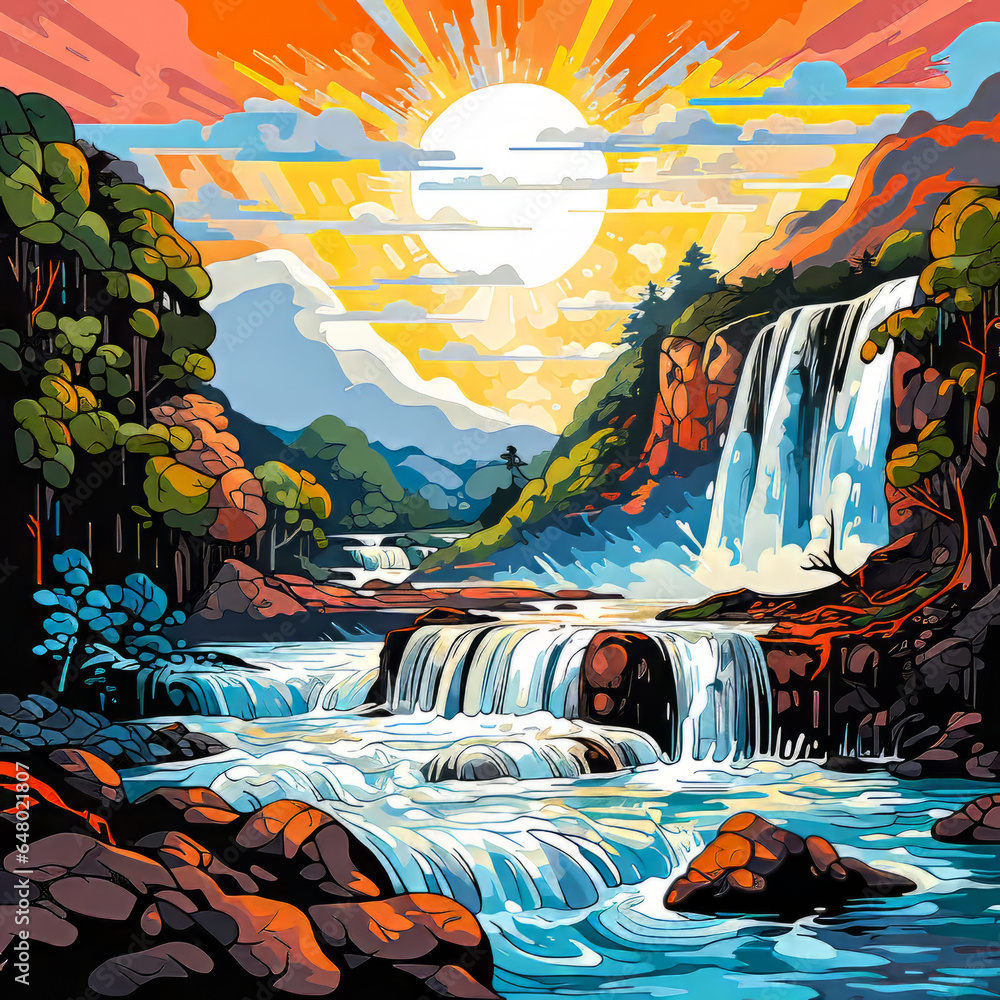 Pop Art Nature Waterfall. Generative AI. A digital illustration of a ...