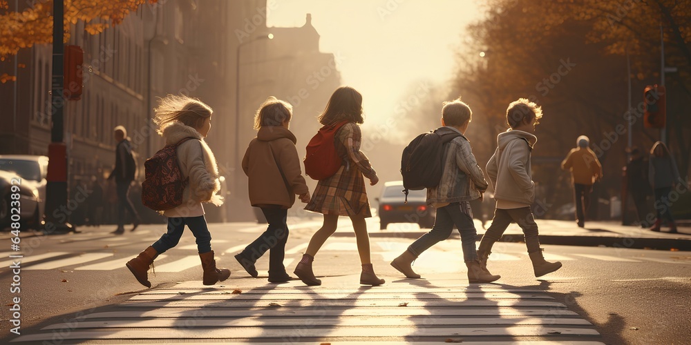 School children cross the road in the city, the concept of traffic ...