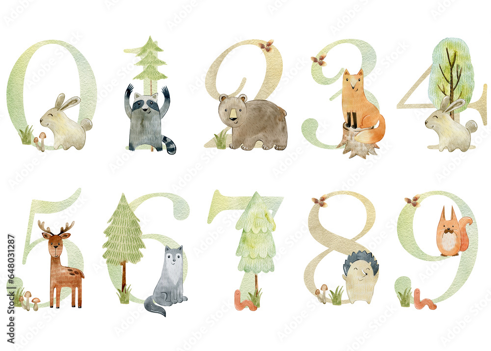 Watercolor woodland animals numbers for invitation card, nursery poster ...
