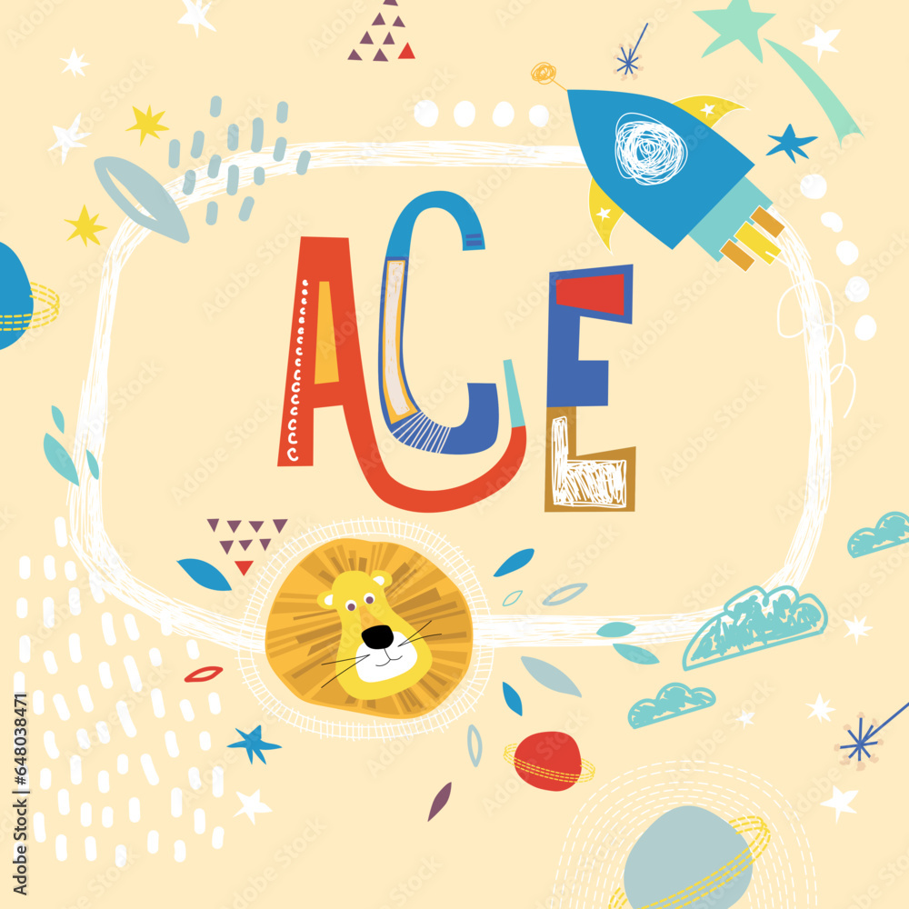 Bright card with beautiful name Ace in planets, lion and simple forms ...