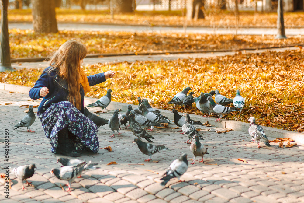 Pigeons and Child. Little Girl Kid Feeding Birds in City Park In Autumn ...