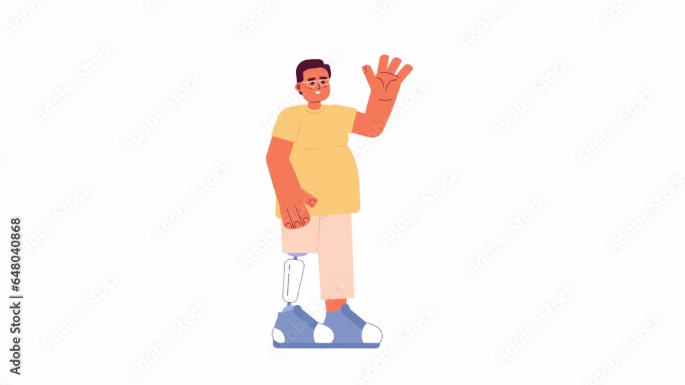 Overweight man with prosthetic leg 2D character animation. Waving hand ...