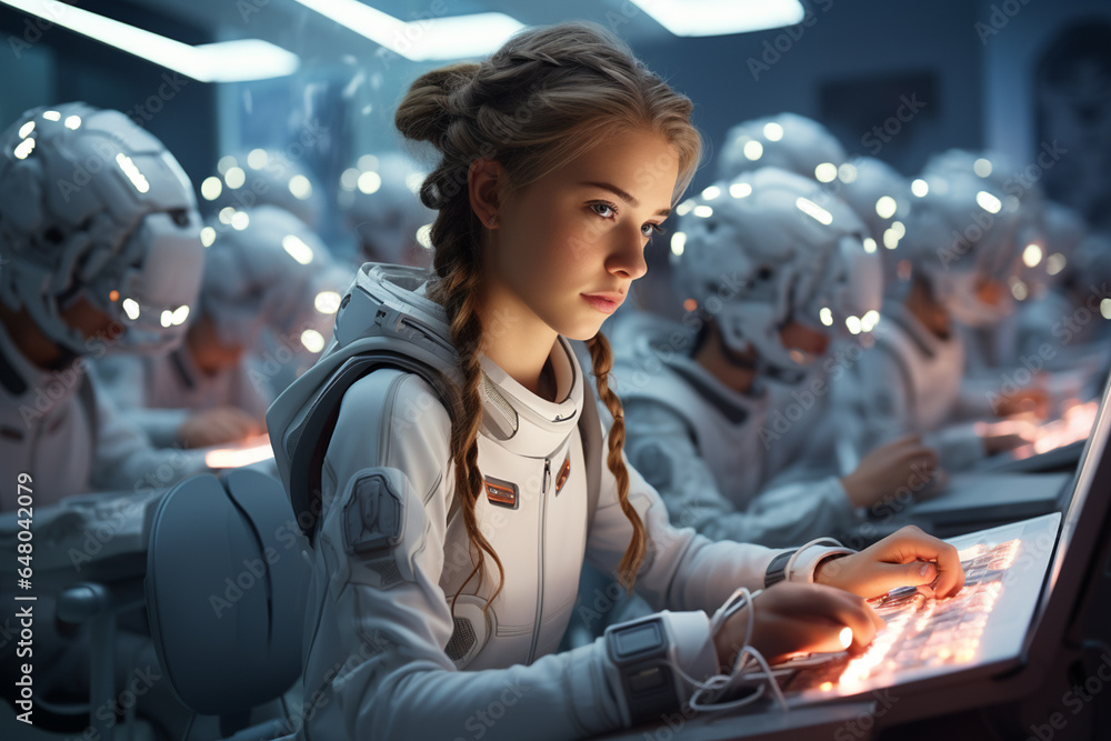 Futuristic education concept, school and future technology. Young ...