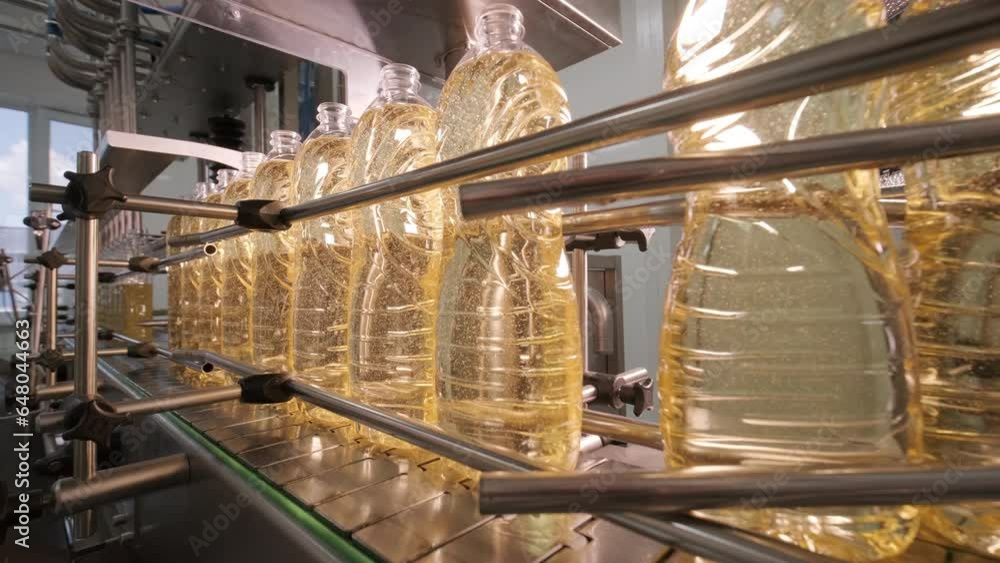 Sunflower oil in the bottle moving on production line. Bottling line of ...