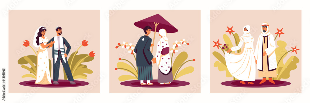 Different couples celebrating wedding in traditional clothes. Muslim ...