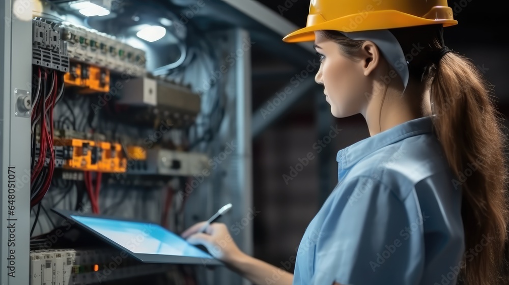 Electrical Engineer woman working check service maintenance electricity ...