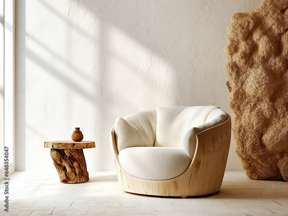 Rustic wooden barrel chair with fabric cushion and root ball wooden end ...