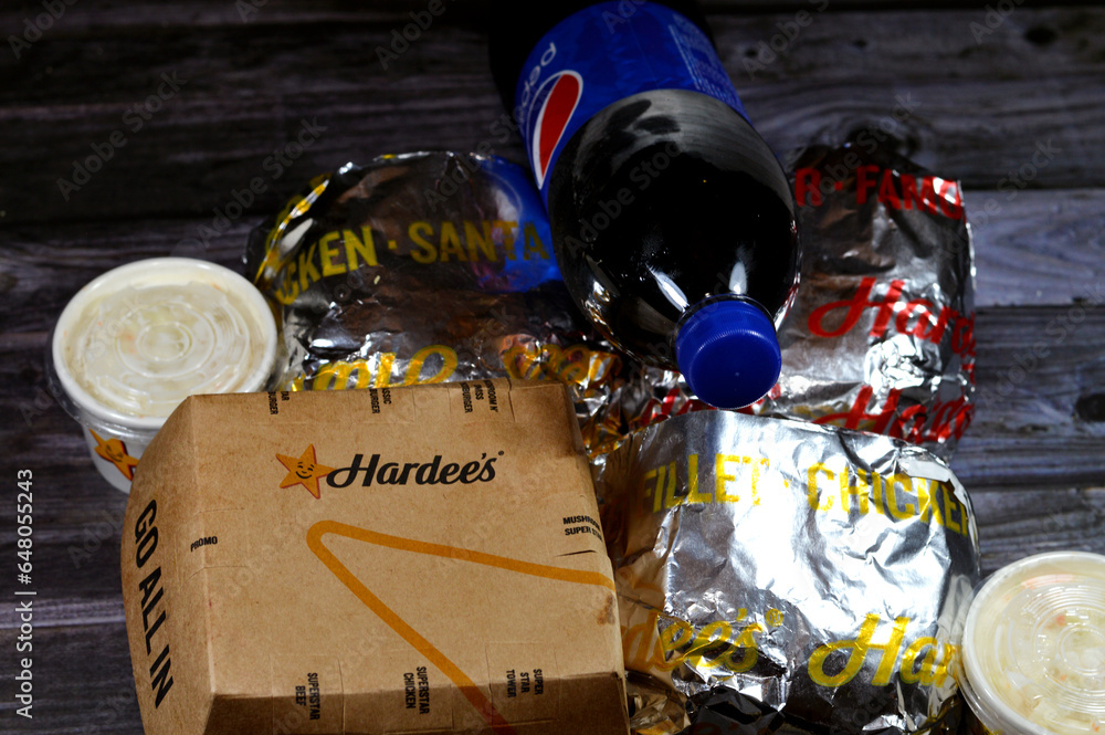 Cairo, Egypt, September 11 2023: Food delivery package of fast junk ...