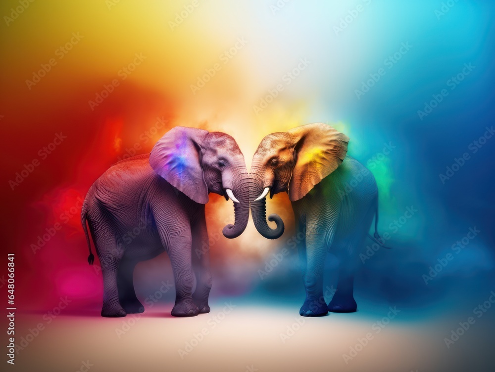 Two elephants facing each other touch trunks, enveloped in a rainbow ...