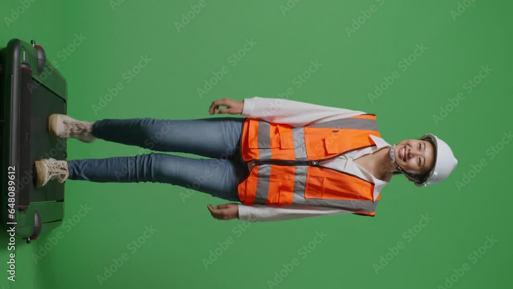 Full Body Of Asian Female Engineer With Safety Helmet And Walking In ...