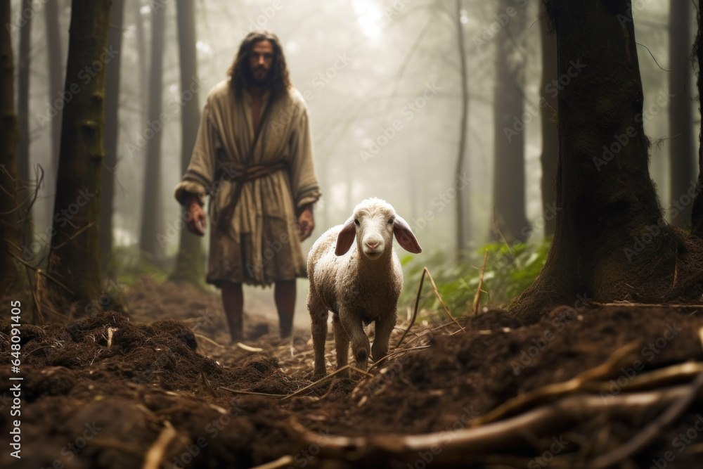 Jesus Christ The Shepherd in the middle of nature looking for and ...