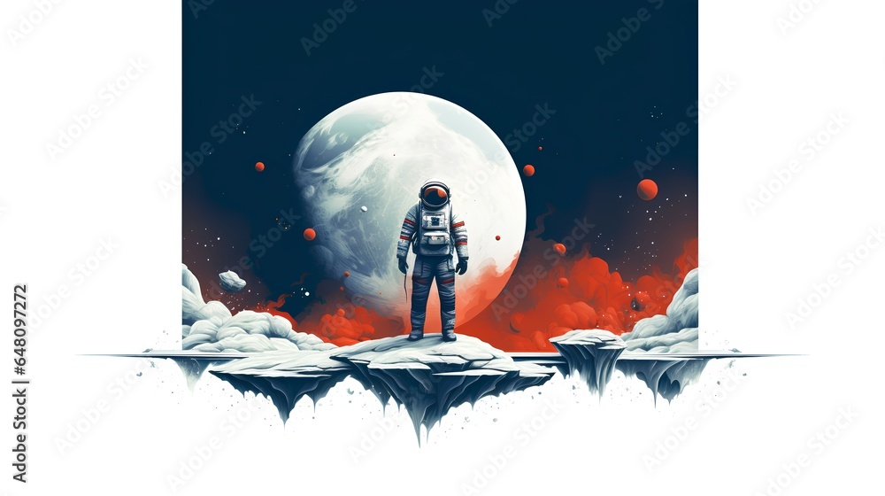 Conceptual collage depicting space exploration. Astronaut standing in ...