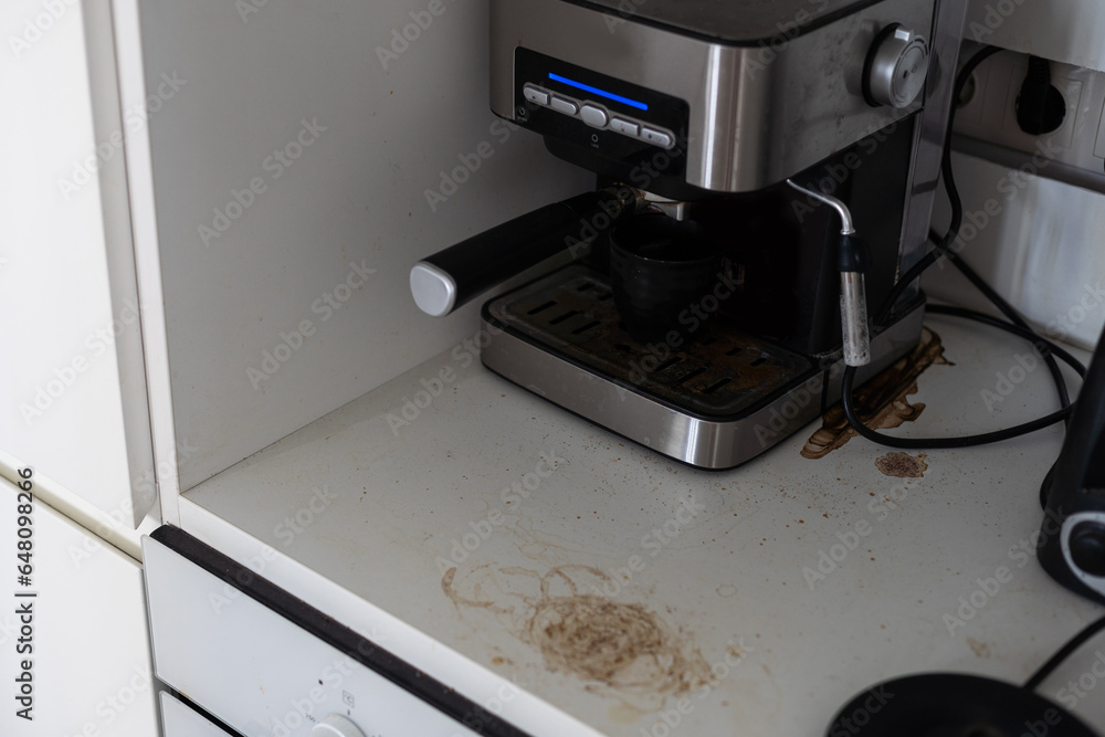 Dirty coffee machine metal background with unwashed surface. Coffee ...