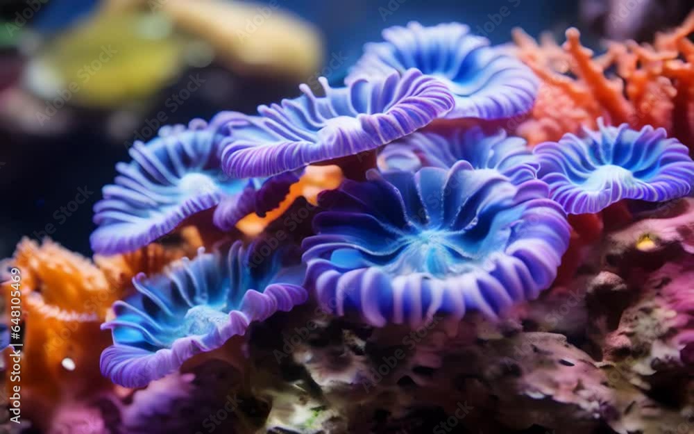 a group of sea anemons sitting on top of a rock. The underwater sea ...