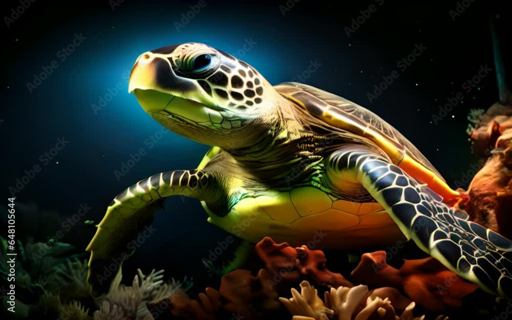 A colorful sea turtle swims in the middle of coral reefs. The ...