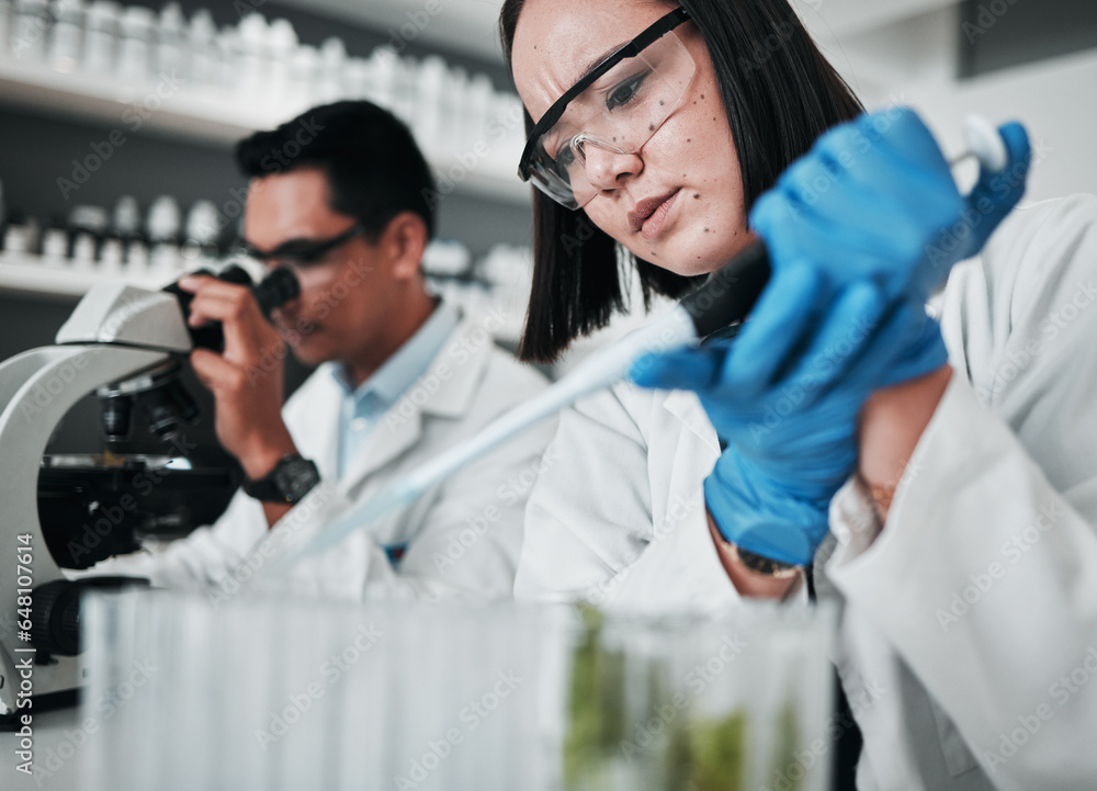 Science, research and woman with pipette in test tube at biotech ...