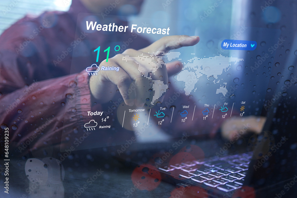 Man wearing rain coat using application weather forecast before going ...