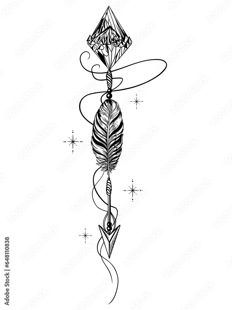 Pfeil mit Feder, Sterne und Kristall. Fineline Tattoo Vektor mit ...