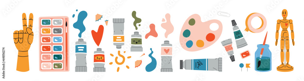 Set with painting tools elements and Art supplies, cartoon style ...