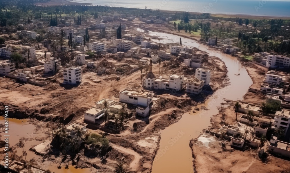 Aerial view of the devastation in Derna, Libya, after a catastrophic ...