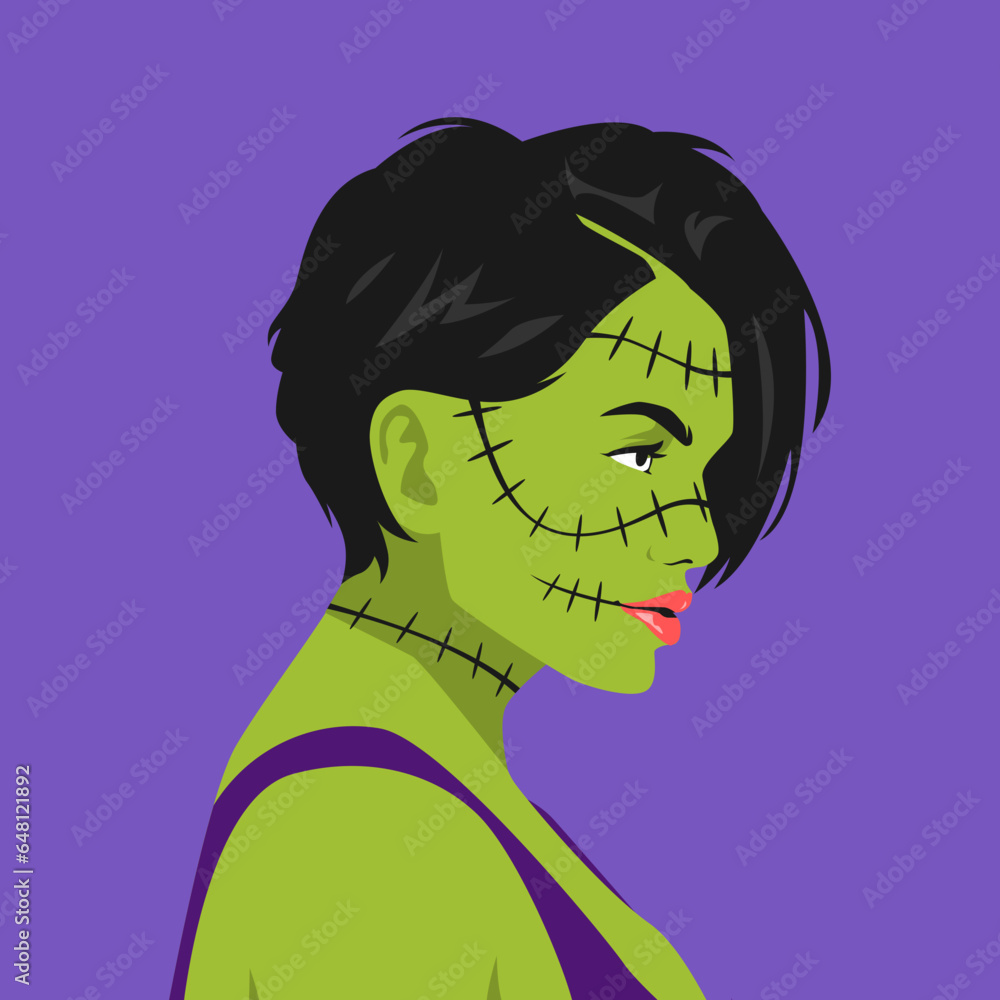 Green monster girl with many stitches, scar face in profile. halloween ...