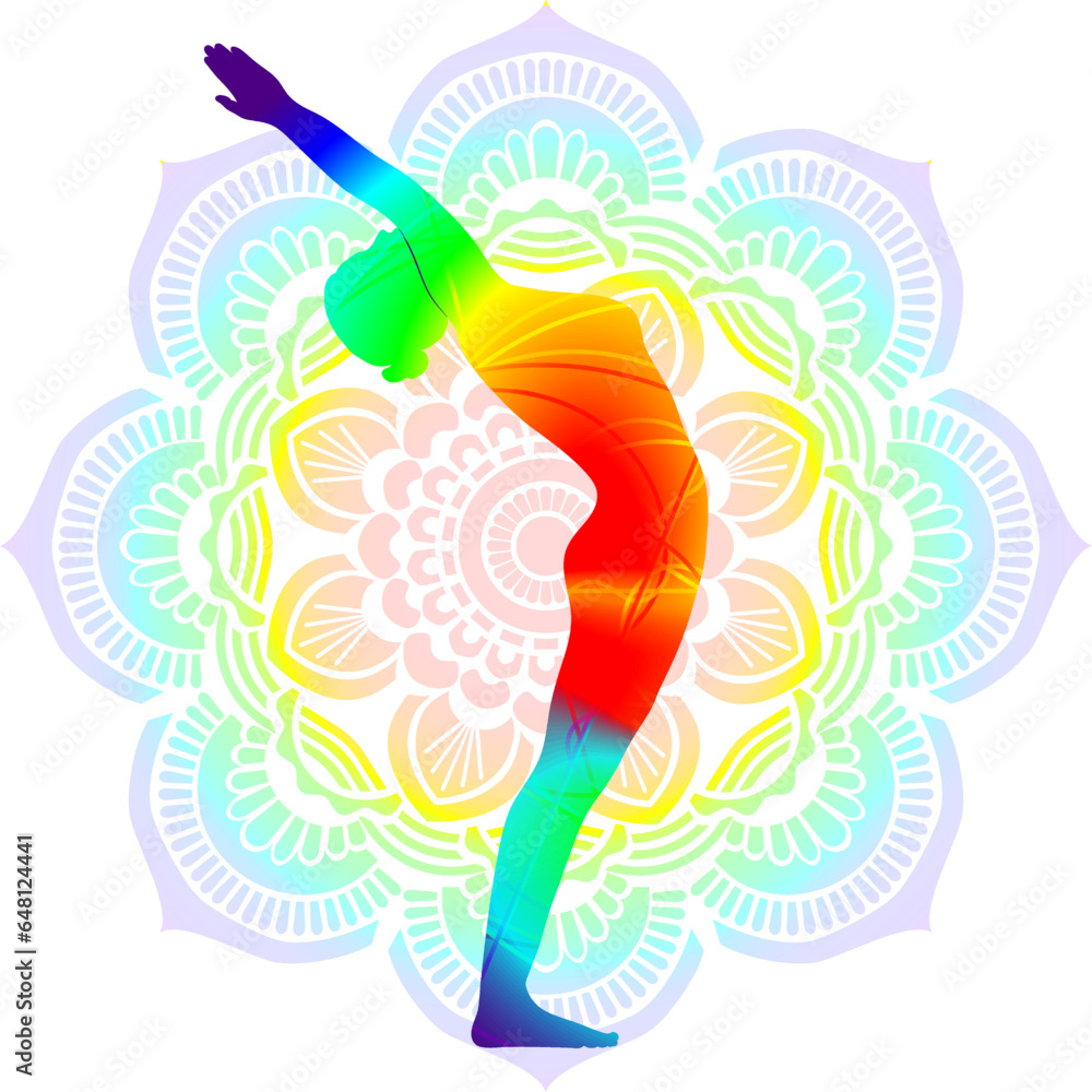 Colorful silhouette Ardha Chandrasana or Anuvittasana. Mountain with ...