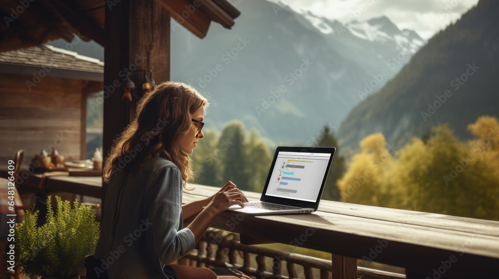 Caucasian woman working remotely on her laptop in rural Northern Europe ...