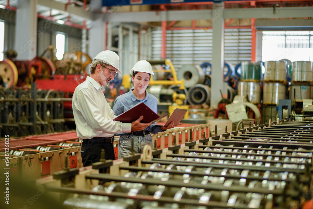 woman engineer assistant secretary in helmet inspection check control ...