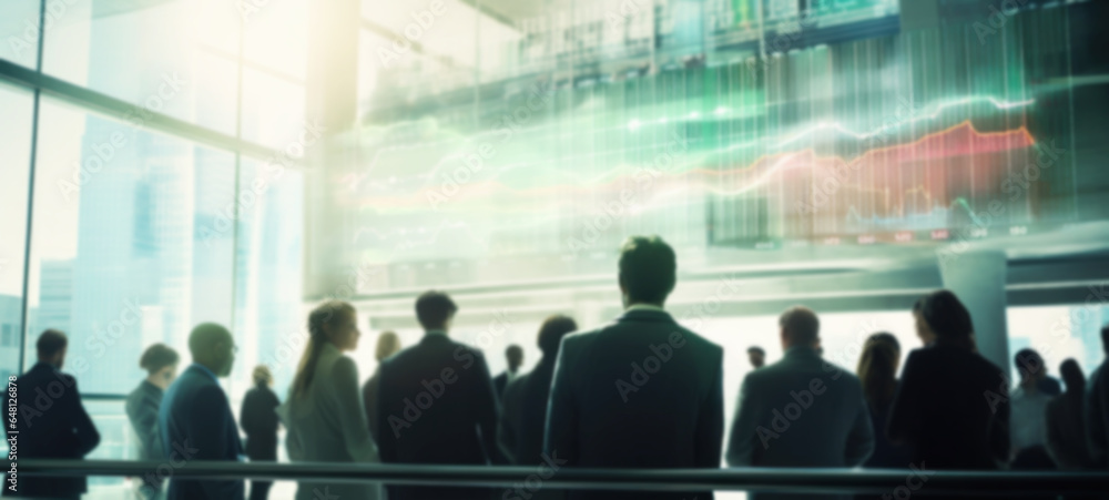 Crowd, business people standing together, scrutinizing a large digital ...